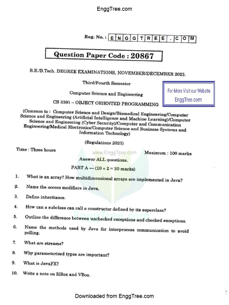 CS3391 Object Oriented Programming Nov Dec 2023 Question Paper Download | PDF