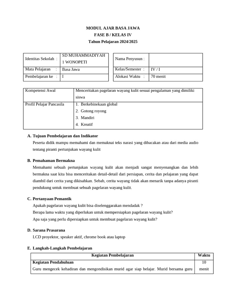 Modul Ajar Basa Jawa Wayang Kulit | PDF