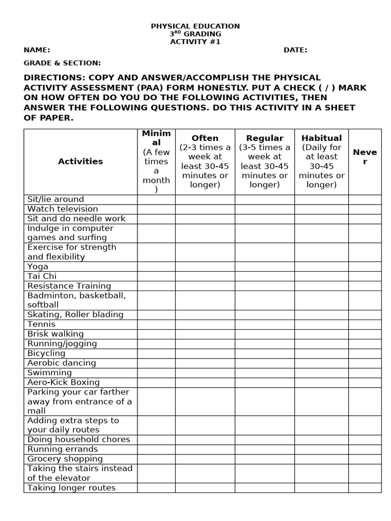 P.E. 3rd Grading Activity 1 | PDF