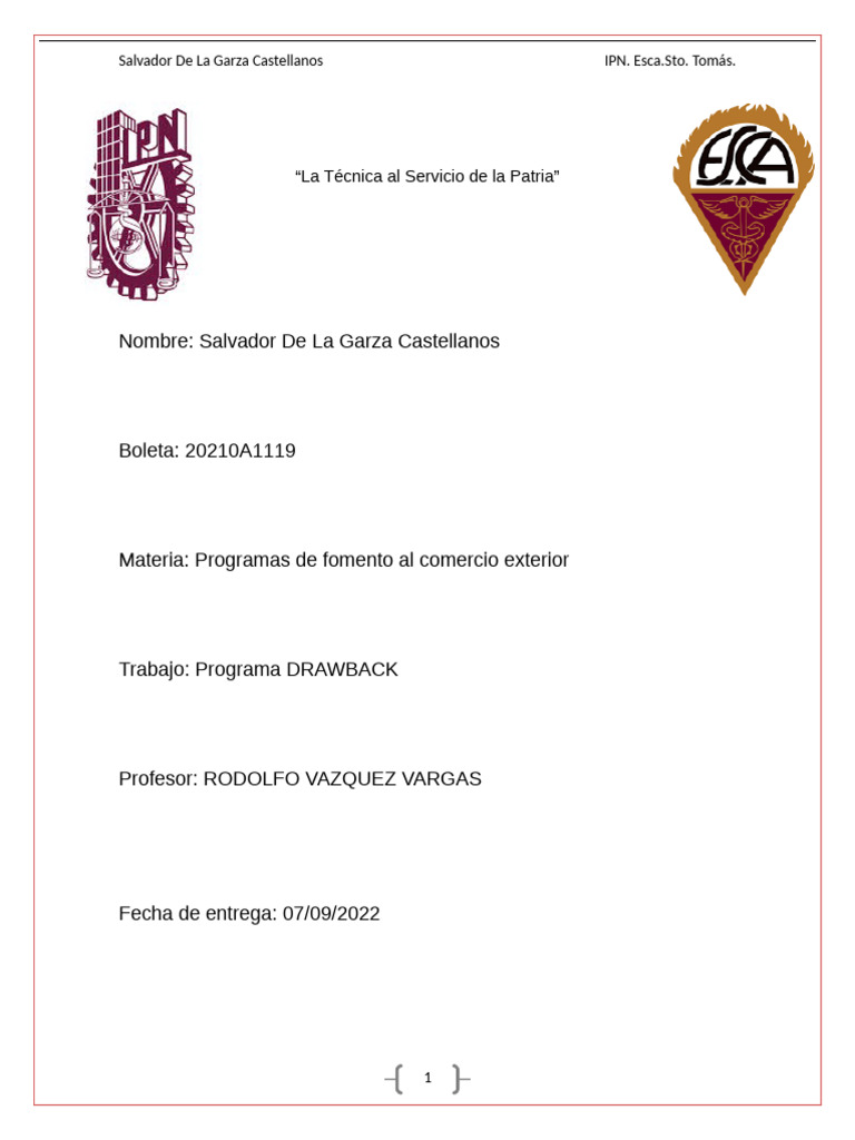 U4 Act2 Programa DrawBack Salvador de La Garza Castellanos | PDF ...