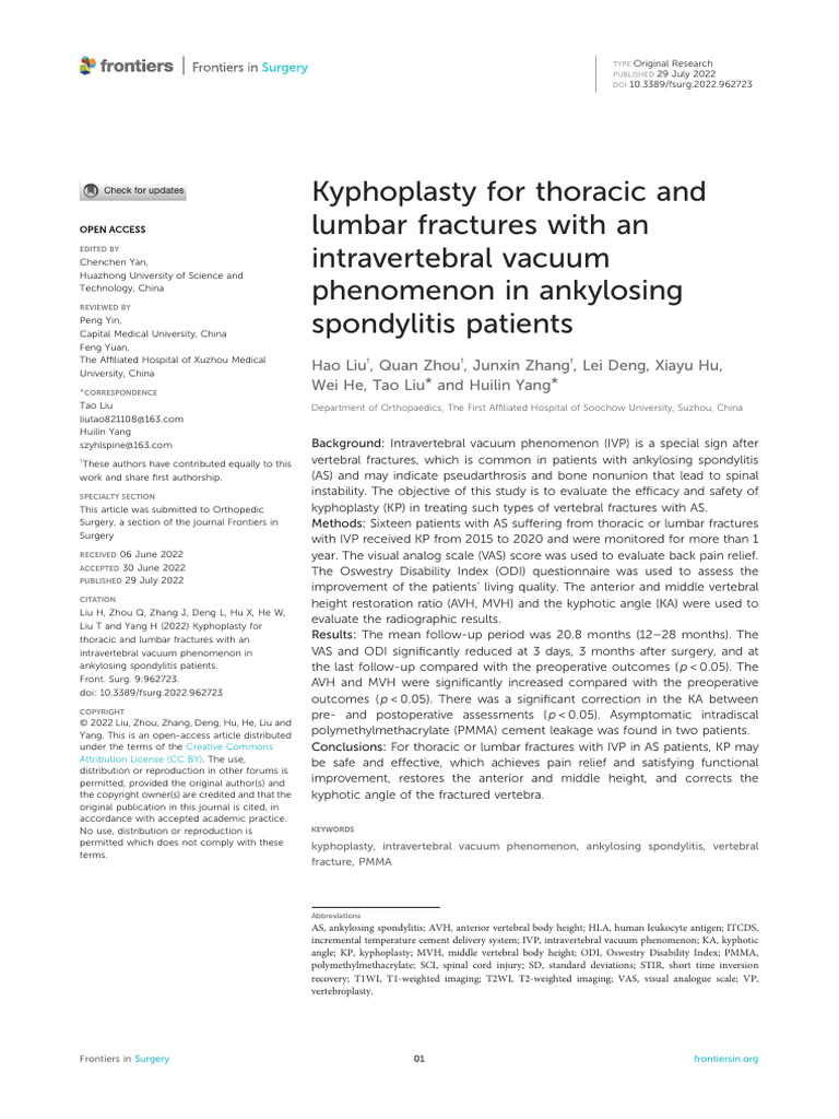 Kyphoplasty For Thoracic and Lumbar Fractures With | PDF | Vertebral ...