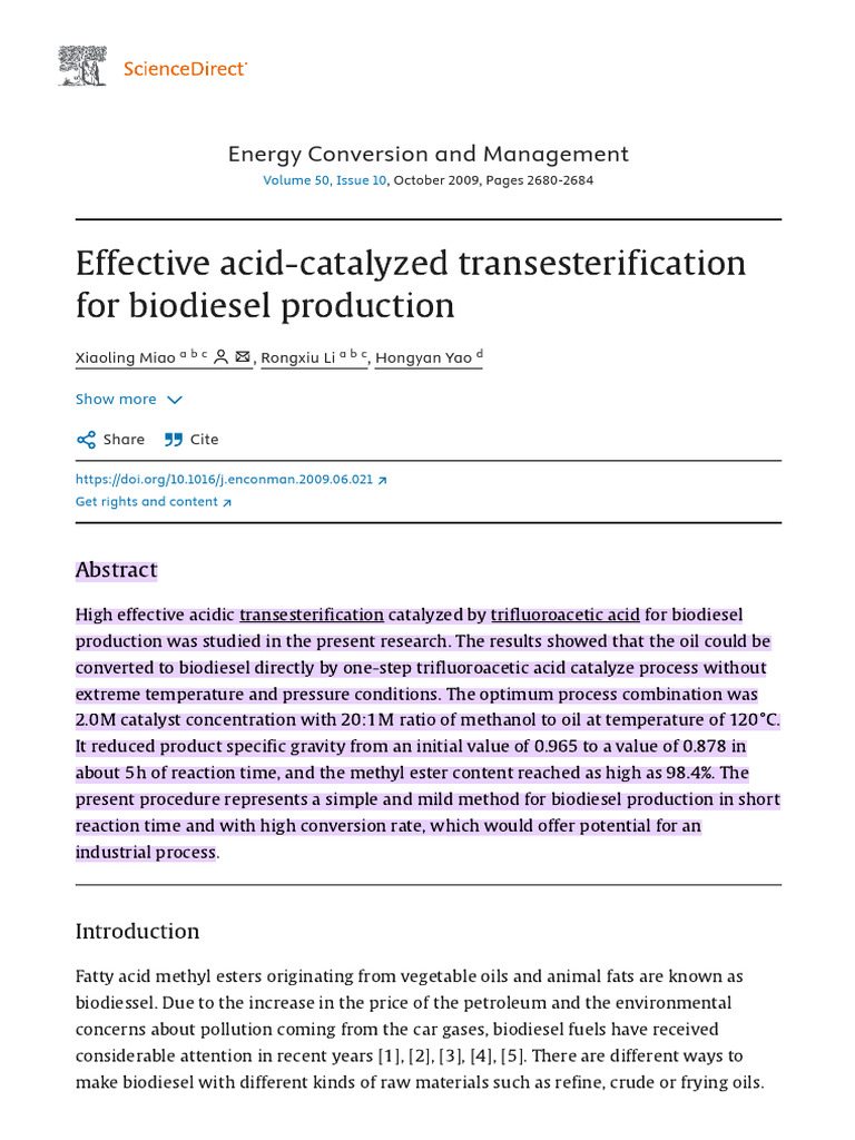 Effective Acid-Catalyzed Transesterification For Biodiesel Production ...