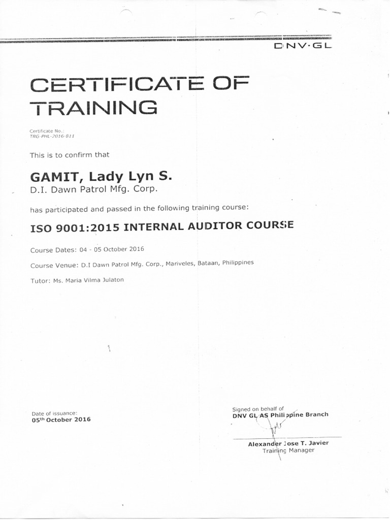 Internal Auditor Course Certificate | PDF