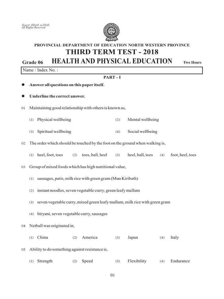 Grade 6 Health 3rd Term Test 2018 | PDF | Nutrients