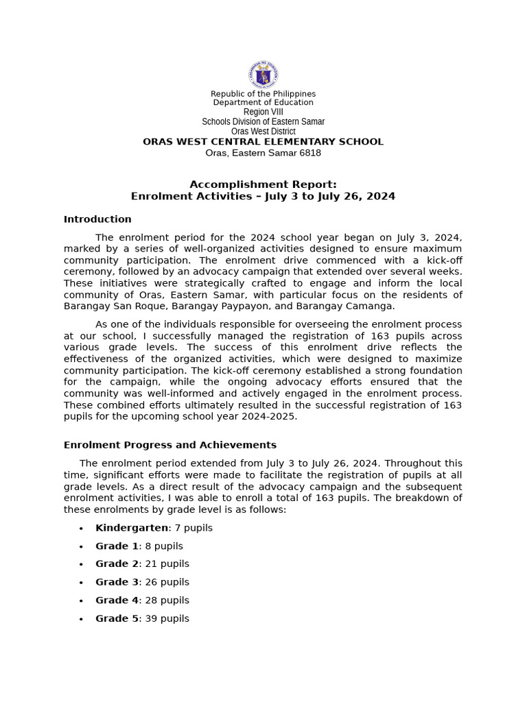 Accomplishment Report - Early Enrolment 2024 | PDF