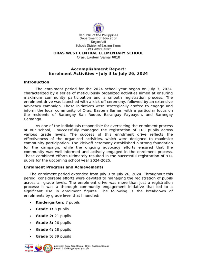 Accomplishment Report - Early Enrolment 2024 - BEA | PDF