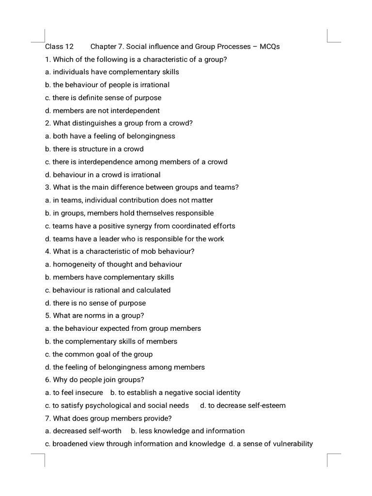 Class 12 Chapter 7 MCQs | PDF | Conformity | Self Esteem