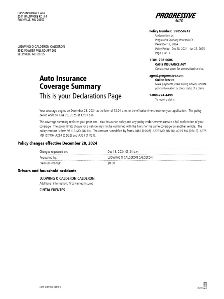 2024-2025 Auto Insurance Declarations Page | PDF | Insurance | Deductible