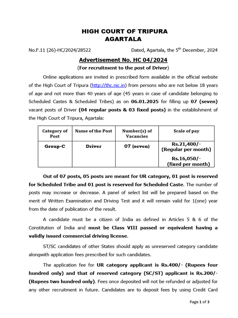 Tripura High Court Driver Recruitment 2024 | PDF | Visa Inc.