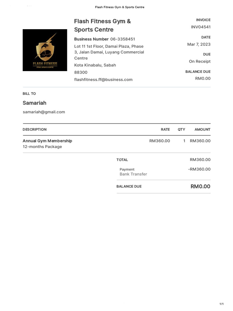 Flash Fitness Gym Membership Invoice | PDF | Accounting | Business ...