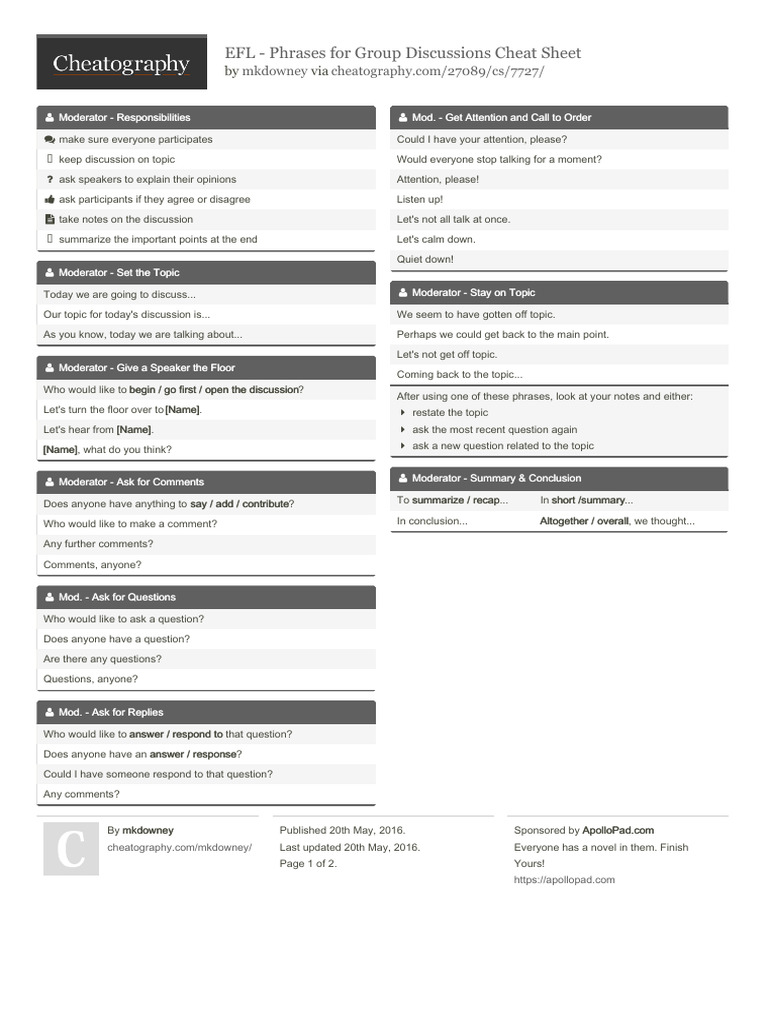 EFL Group Discussion Phrases Cheat Sheet | PDF