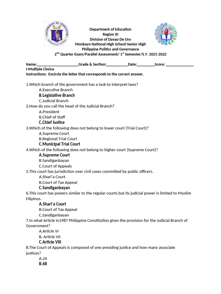 TQ - PPG - 2ND QTR Exam-SY 21-22 | PDF | Political Parties | Elections