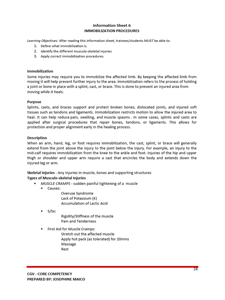 Immobilization Procedures for Injuries | PDF | Musculoskeletal ...