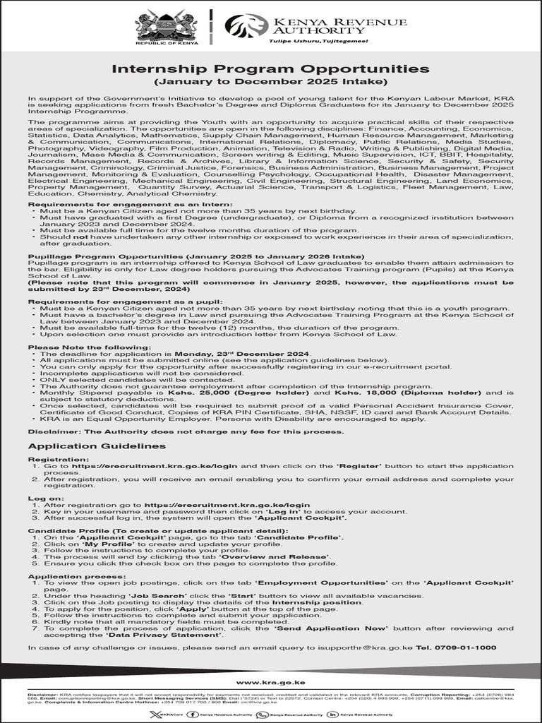 KRA Internship Program Opportunities 2025 Intake | PDF | Engineering