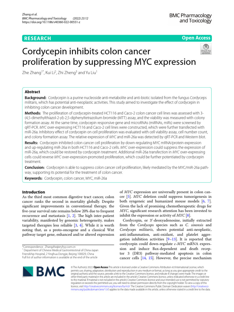 Cordycepin Inhibits Colon Cancer Proliferation by Suppressing MYC | PDF ...