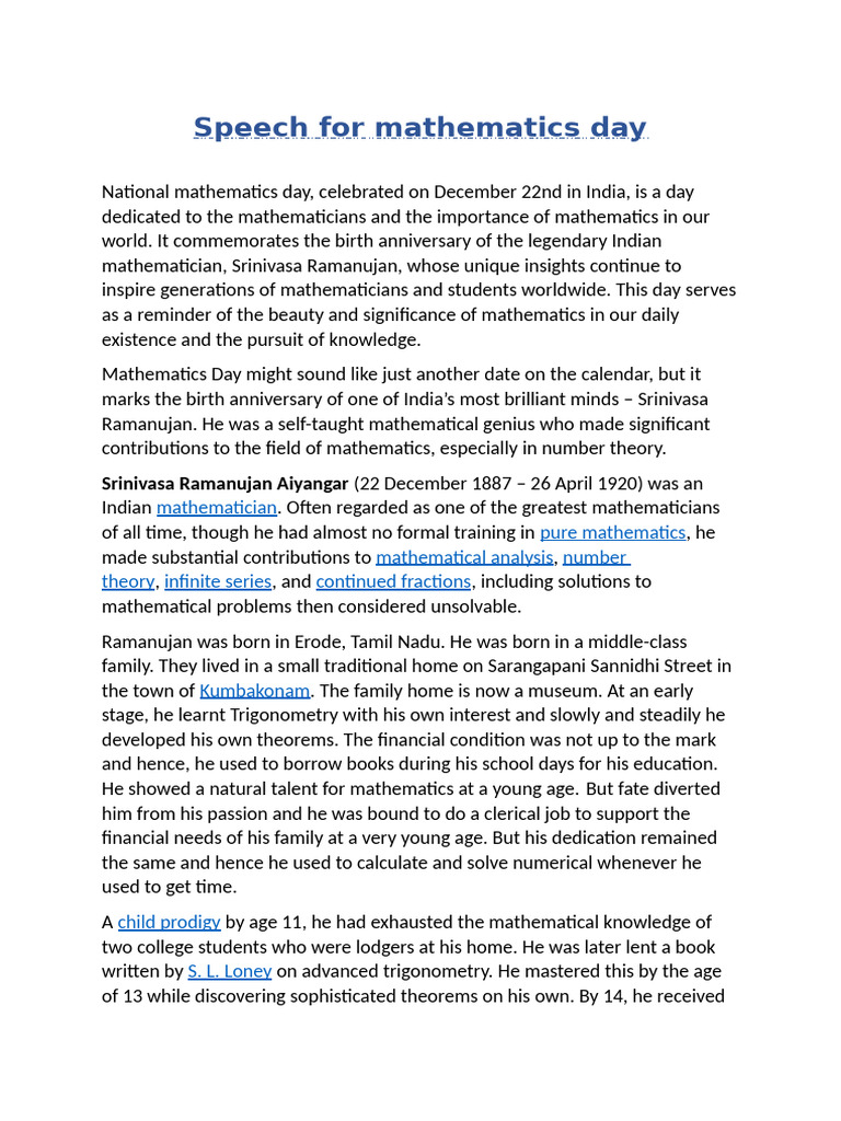 Speech For Mathematics Day | PDF | Number Theory | Mathematics