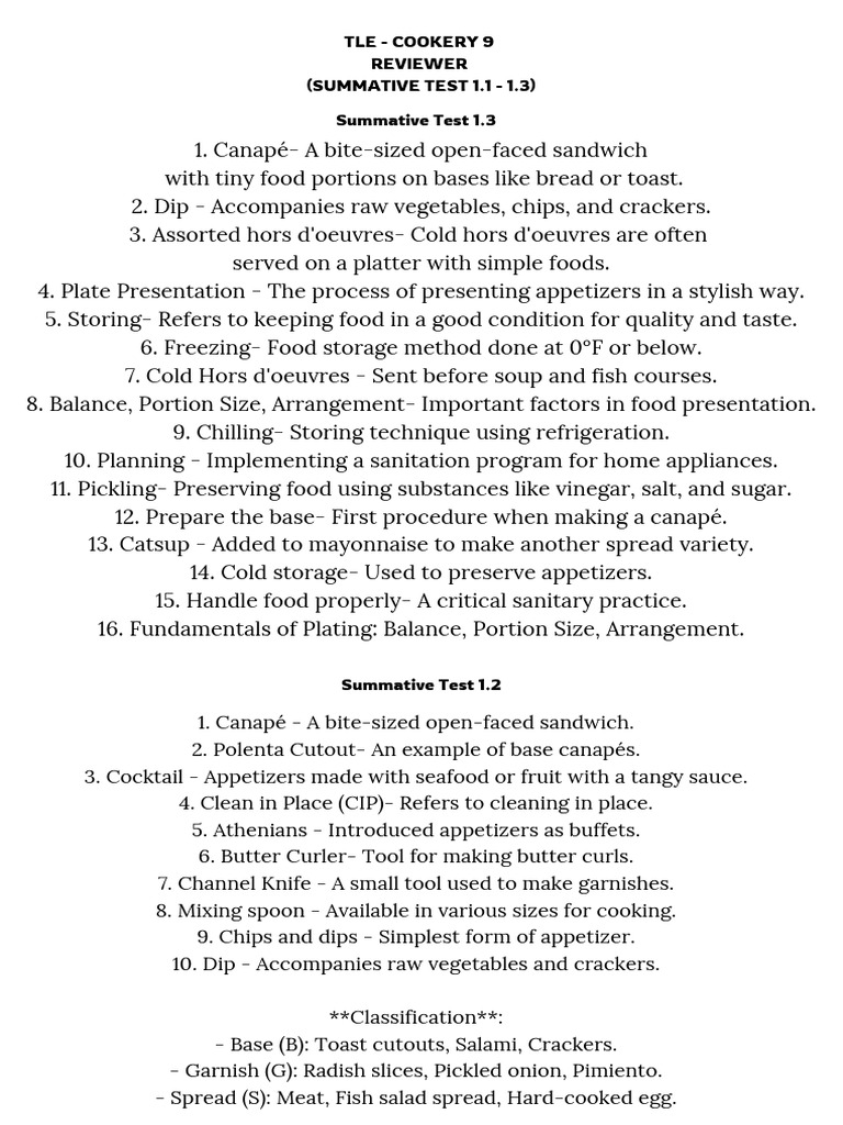 TLE - COOKERY 9 REVIEWER | PDF | Hors D'oeuvre | Cooking