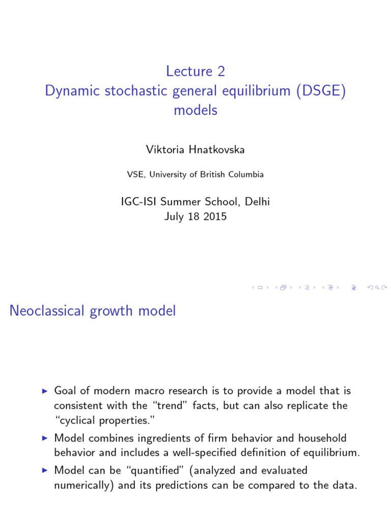 Lecture 2 Dynamic Stochastic General Equilibrium (DSGE) Models | PDF ...