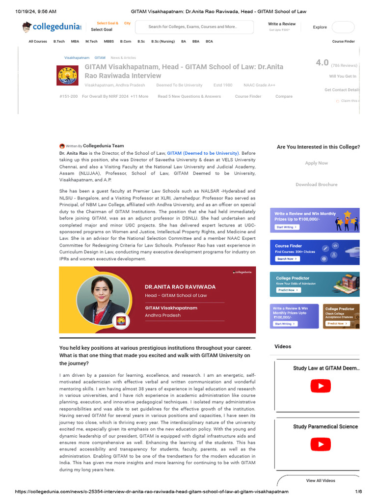 GITAM Visakhapatnam - DR - Anita Rao Raviwada, Head - GITAM School of ...
