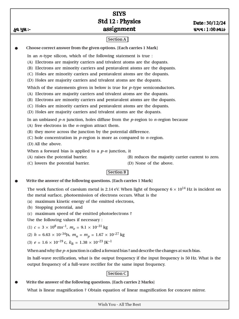 Assignment D30 Dec 2024 1 | PDF | Photoelectric Effect | Electron