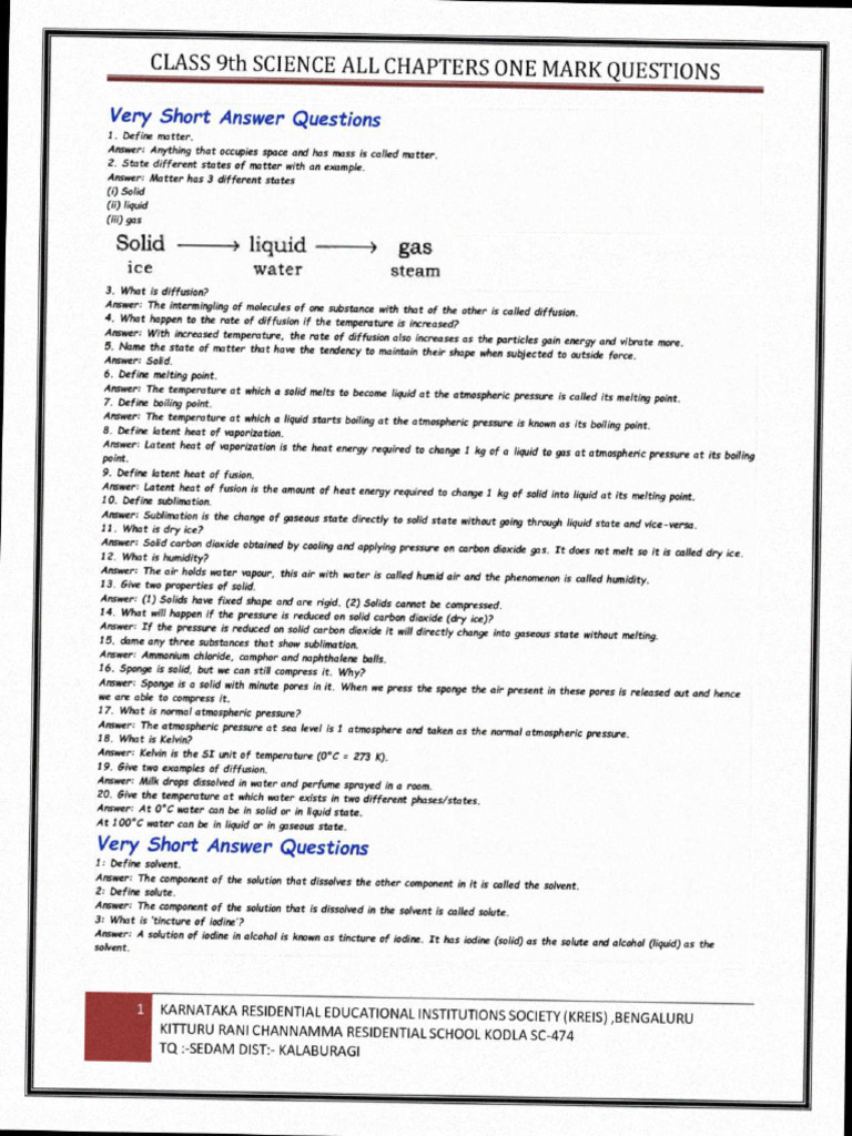 CLASS 9th ALL CHAPTERS ONE MARK QUESTIONS | PDF