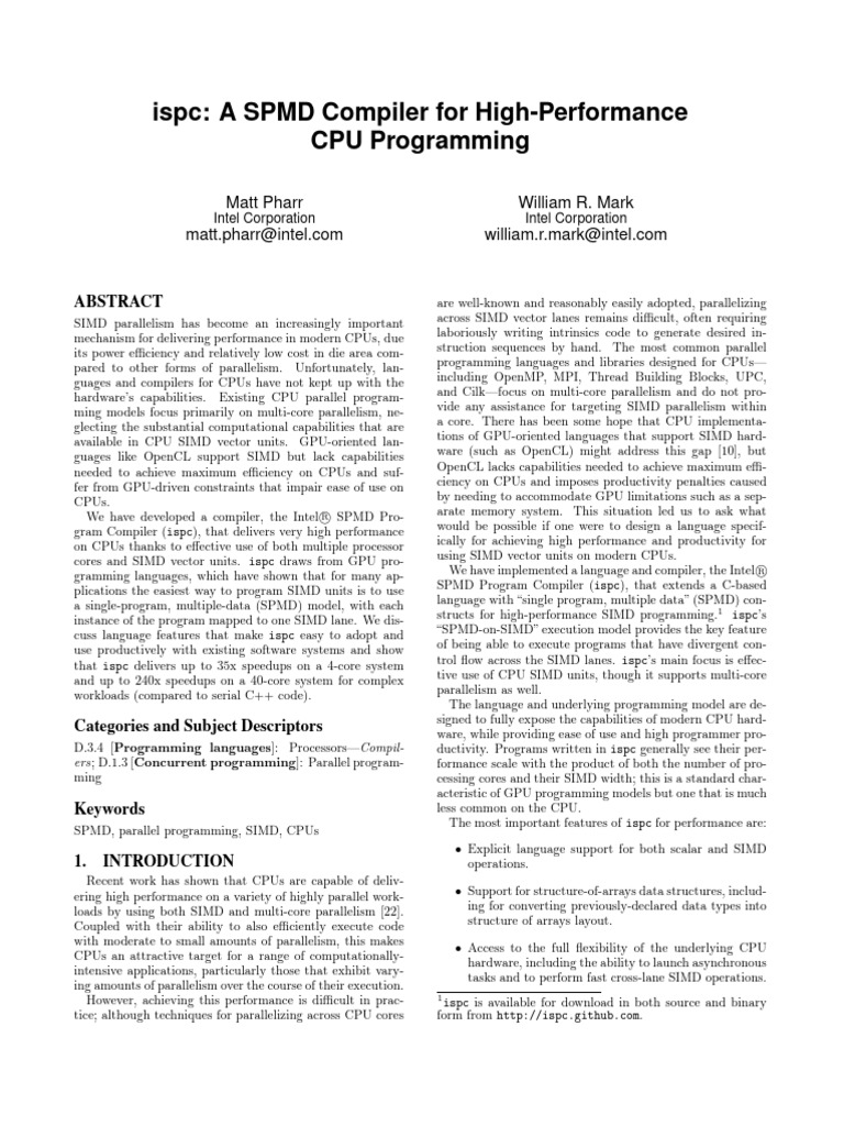 Ispc - A SPMD Compiler For High-Performance CPU Programming (Ispc - Inpar - 2012) | PDF ...