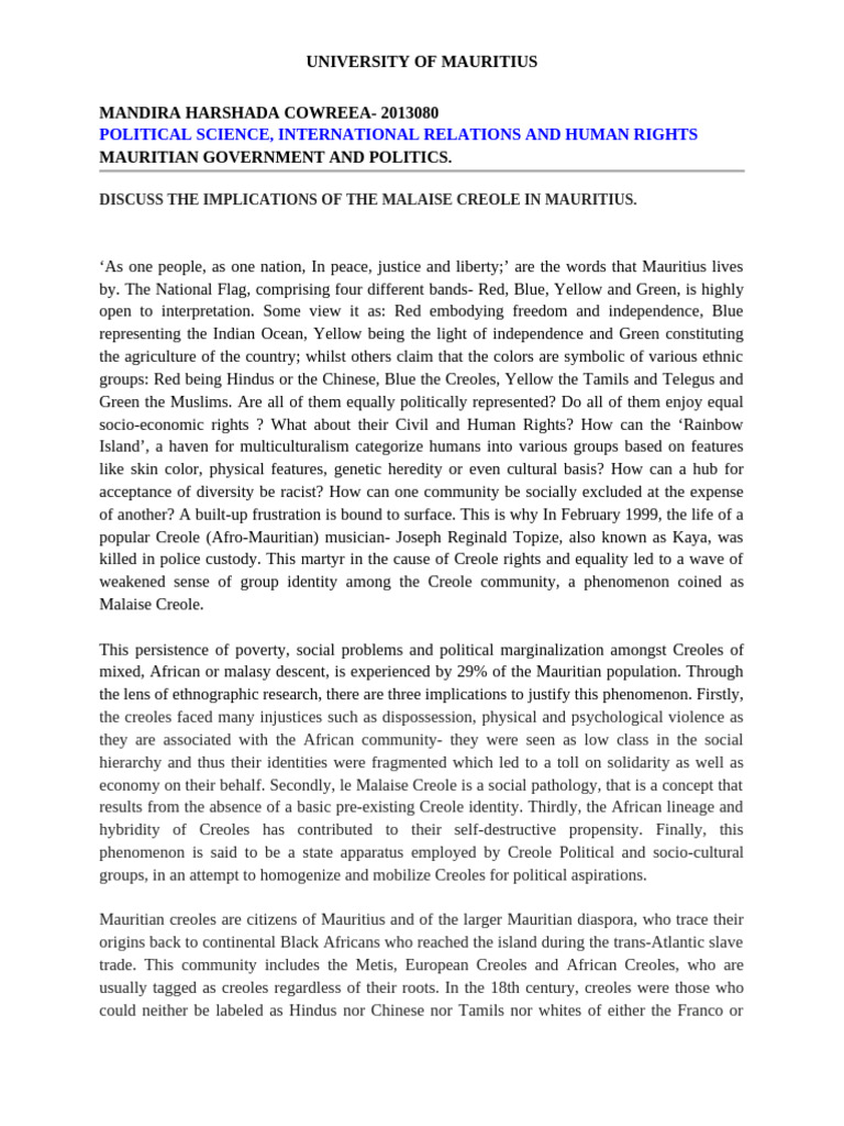 Malaise - Racial in Mauritius | PDF | Mauritius | Multiculturalism