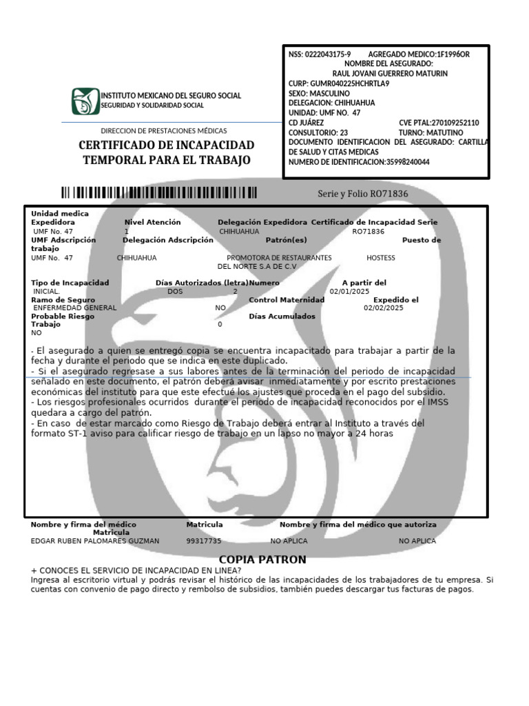 Certificado de Incapacidad IMSS 2025 | PDF
