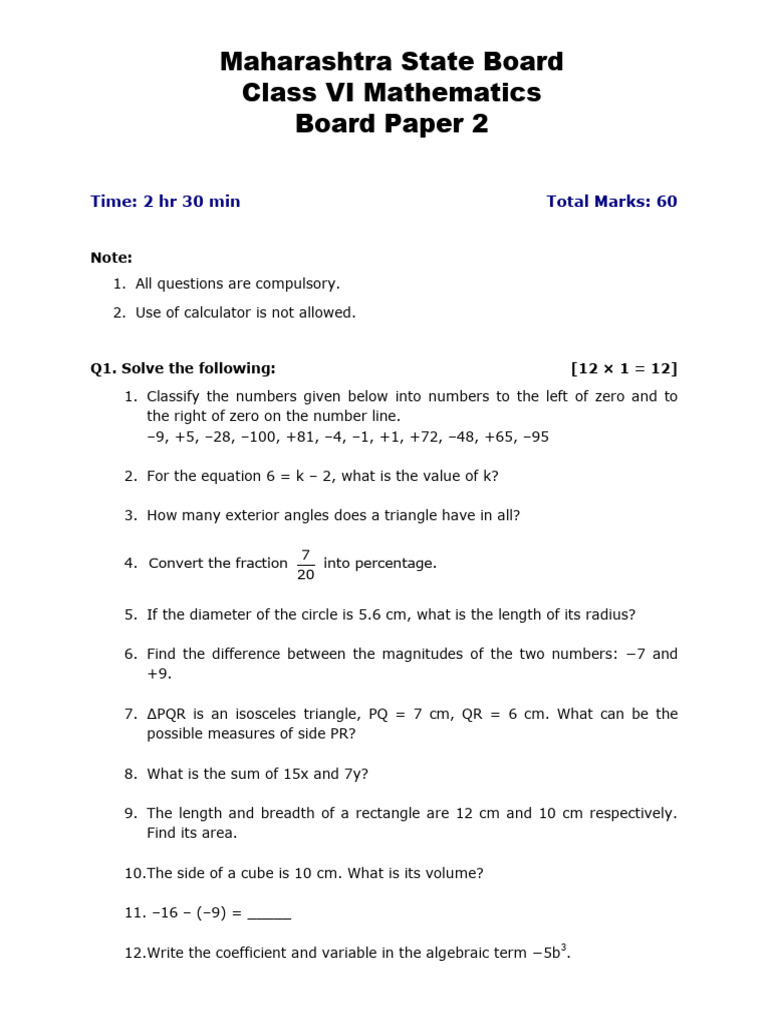 MSB-Maths-Baord-Paper-Class-6-2 | PDF | Triangle | Circle