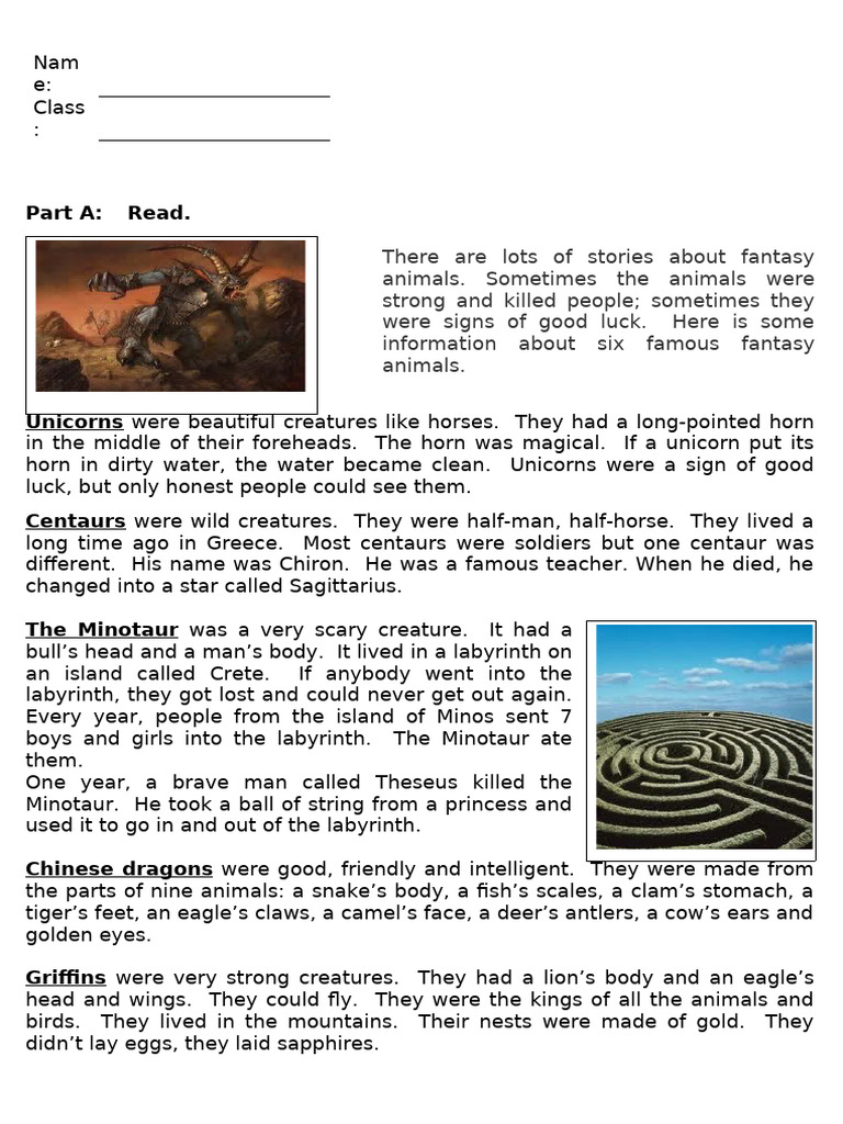 Fantasy Creatures Reading Comprehension | PDF | Minotaur
