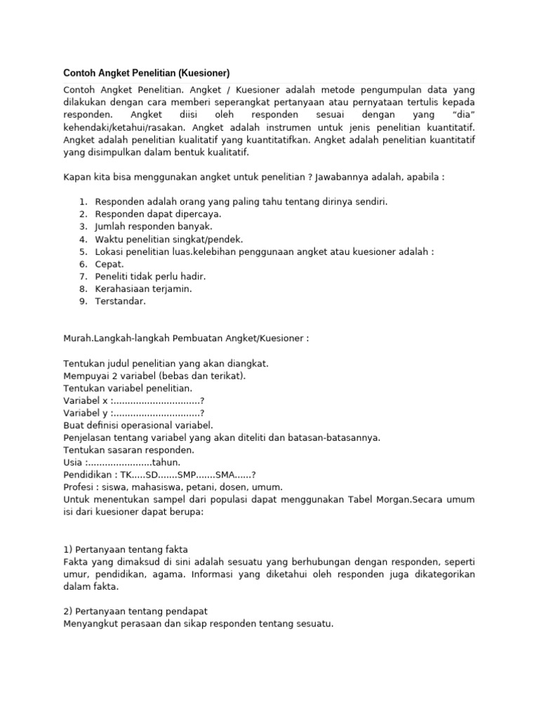 Contoh Angket Penelitian Kuantitatif | PDF