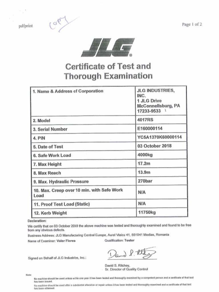 JLG Certificate | PDF