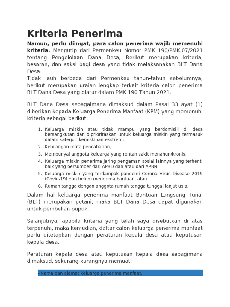 Kriteria Penerima BLT DD 2022 | PDF