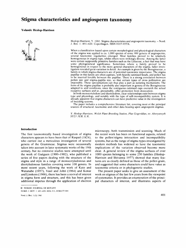 1981-Stigma Characteristics and Angiosperm Taxonomy | PDF | Taxonomy ...