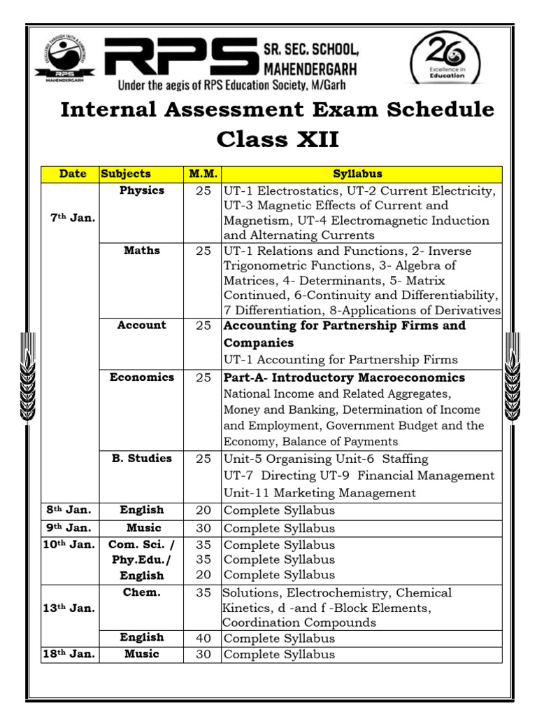 Internal Assessment Exam Schedule XII Class | PDF