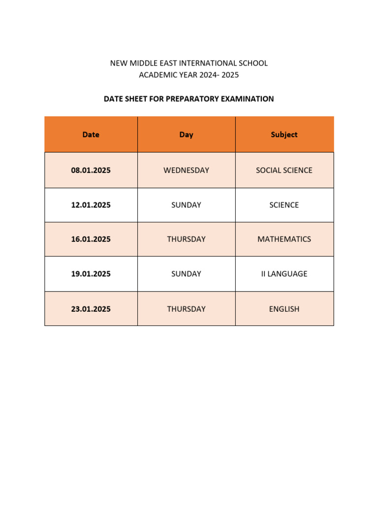 2.date Sheet For Preparatory Examination Grade-9 | PDF