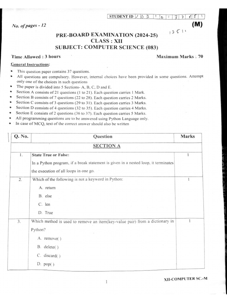 Computer science pre board question paper | PDF