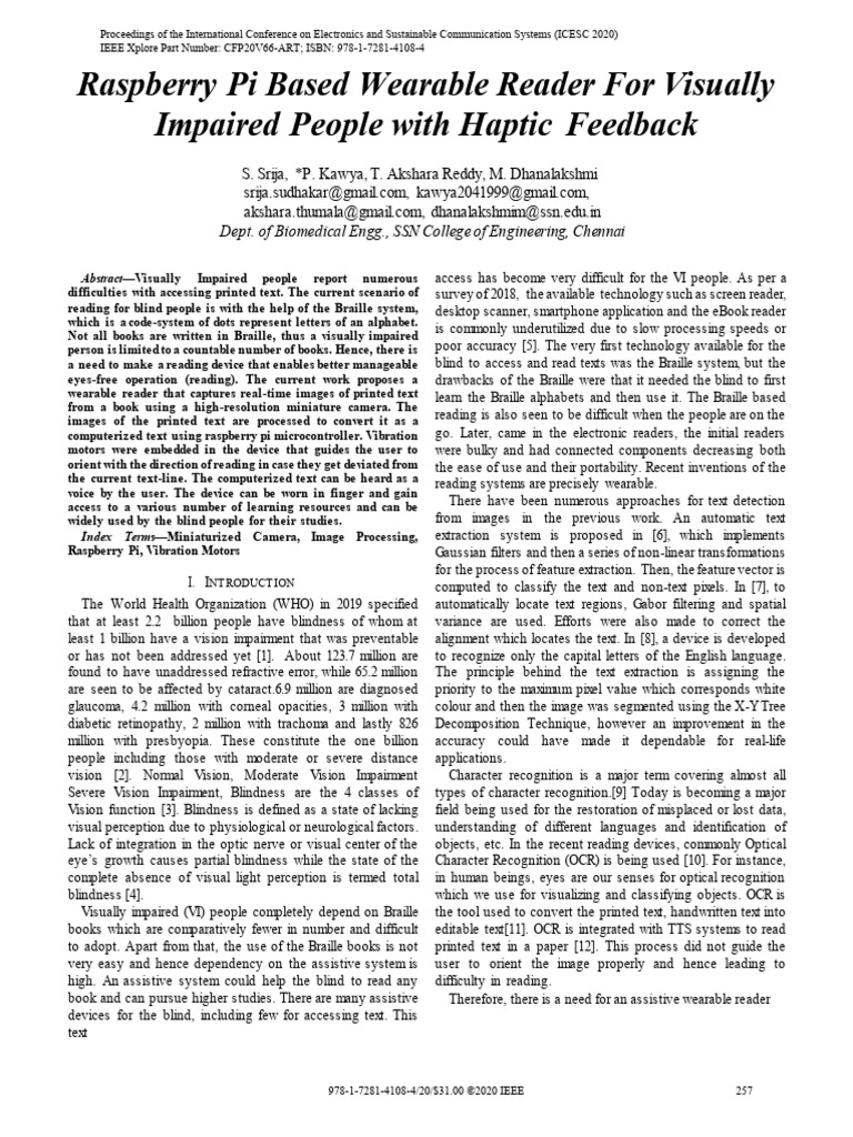 Raspberry Pi Based Wearable Reader For Visually Impaired People With Haptic Feedback | PDF ...