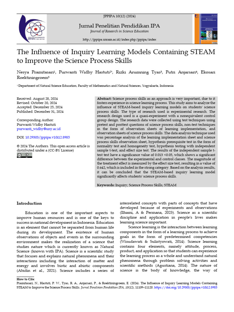 2024 - 12 - JPPIPA - The Influence of Inquiry Learning Models Containing STEAM To Improve The ...