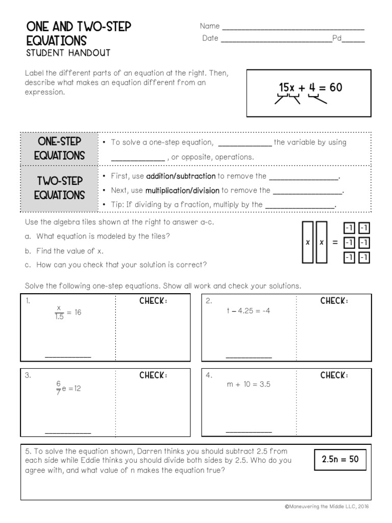 One and Two-Step Equations - Student Handout | PDF | Equations | Algebra