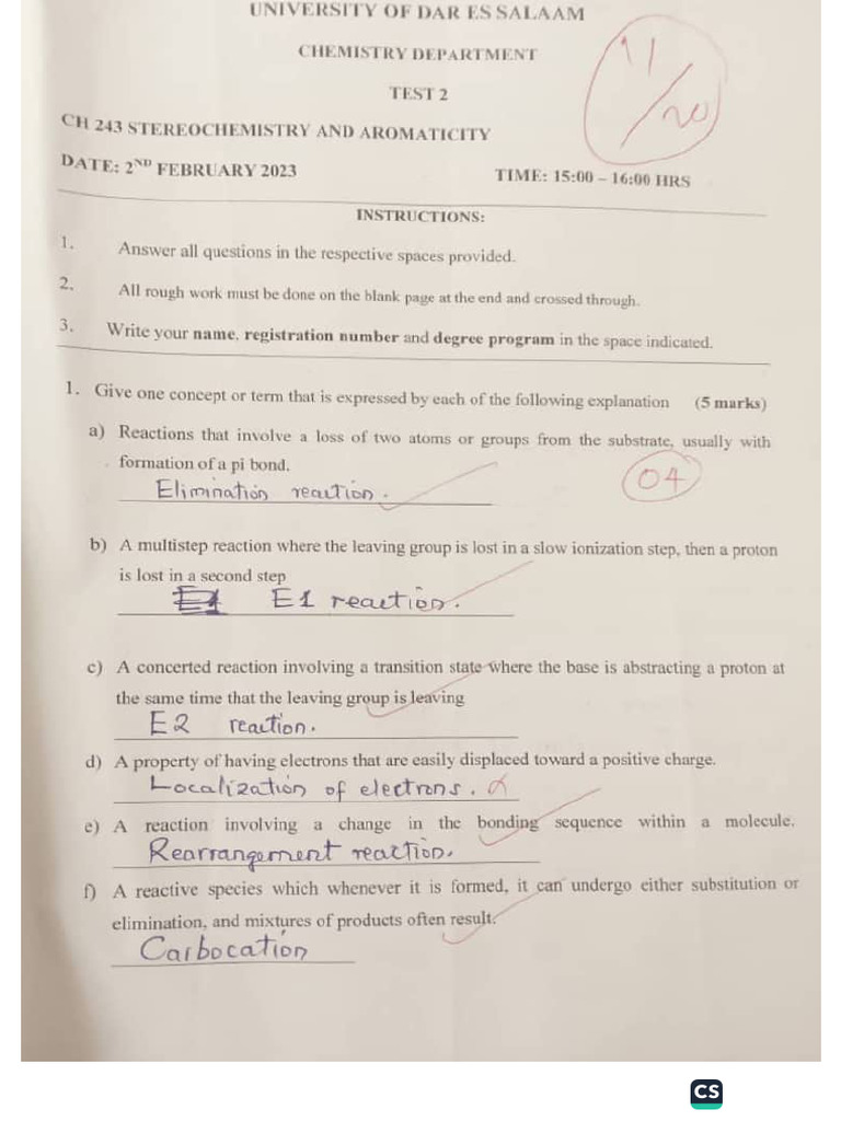 CH 243 Test 2023 | PDF