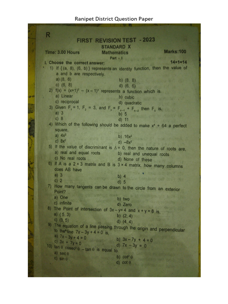 10th Maths EM 1st Revision Exam 2023 Original Question Paper English Medium PDF Download | PDF