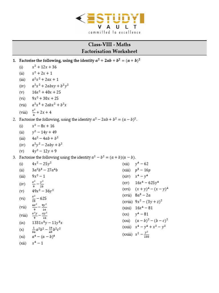 Class-VIII Factorisation Worksheet | PDF