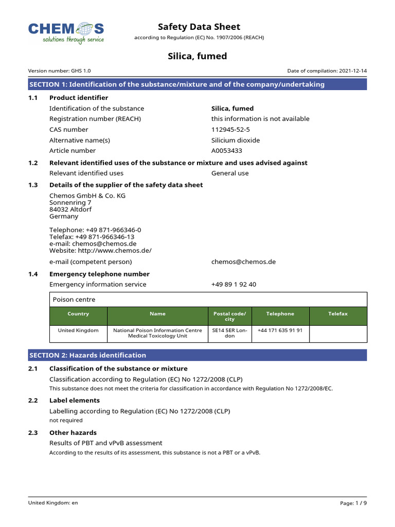 Safety Data Sheet Silica, Fumed: SECTION 1: Identification of The ...