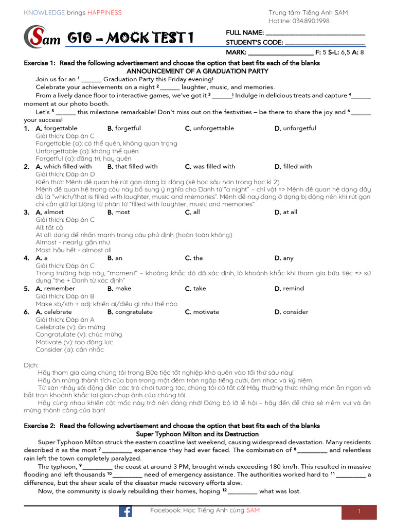 K10 - 1st Term Mock Test - 2024 - Key | PDF