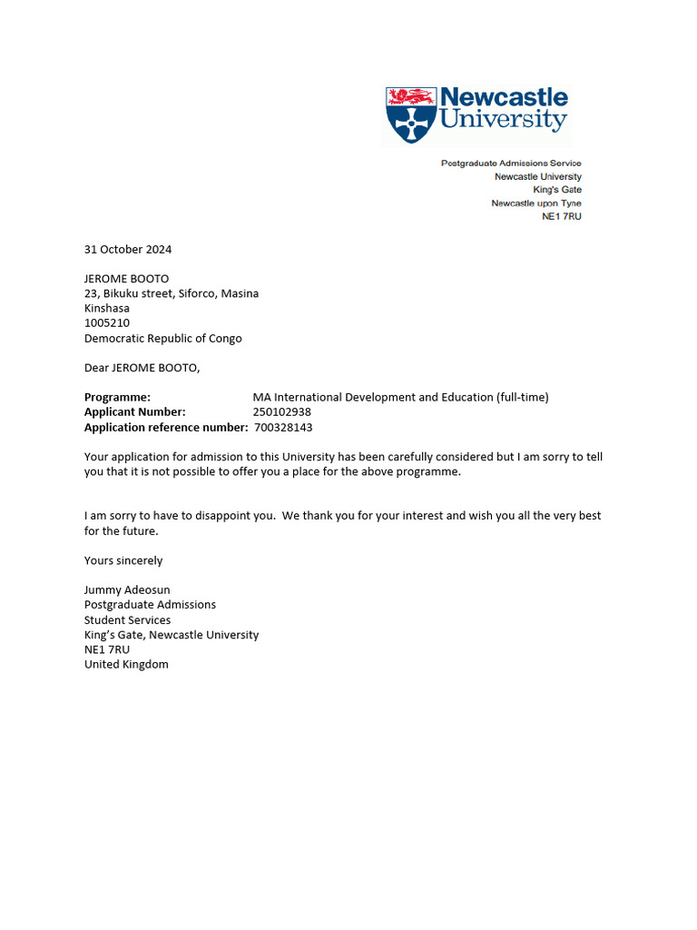 Admission Rejection Letter for MA Program | PDF