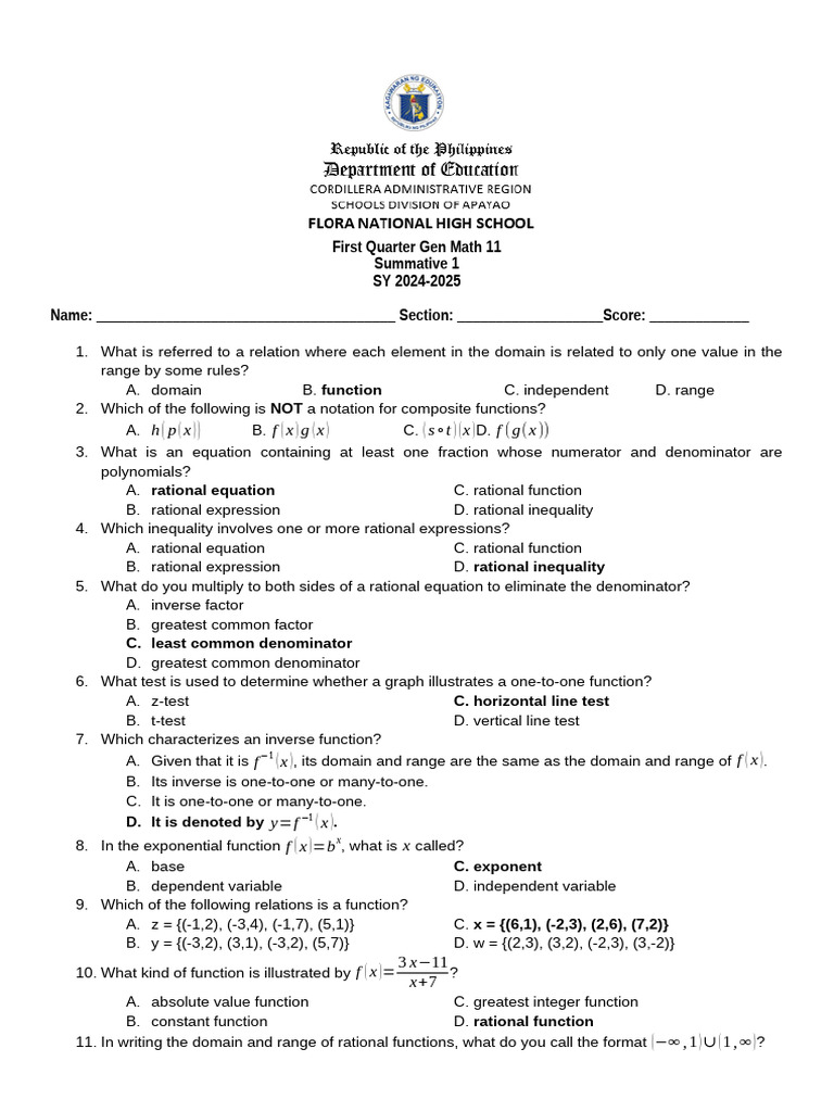 Gen Math 11: First Quarter Exam 2024 | PDF | Function (Mathematics) | Rational Number