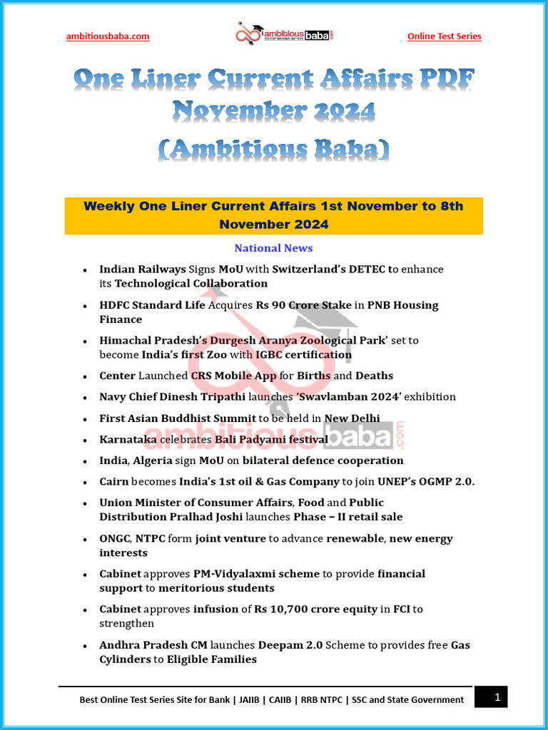 PDF Oneliners November 2024 Ambitious Baba | PDF
