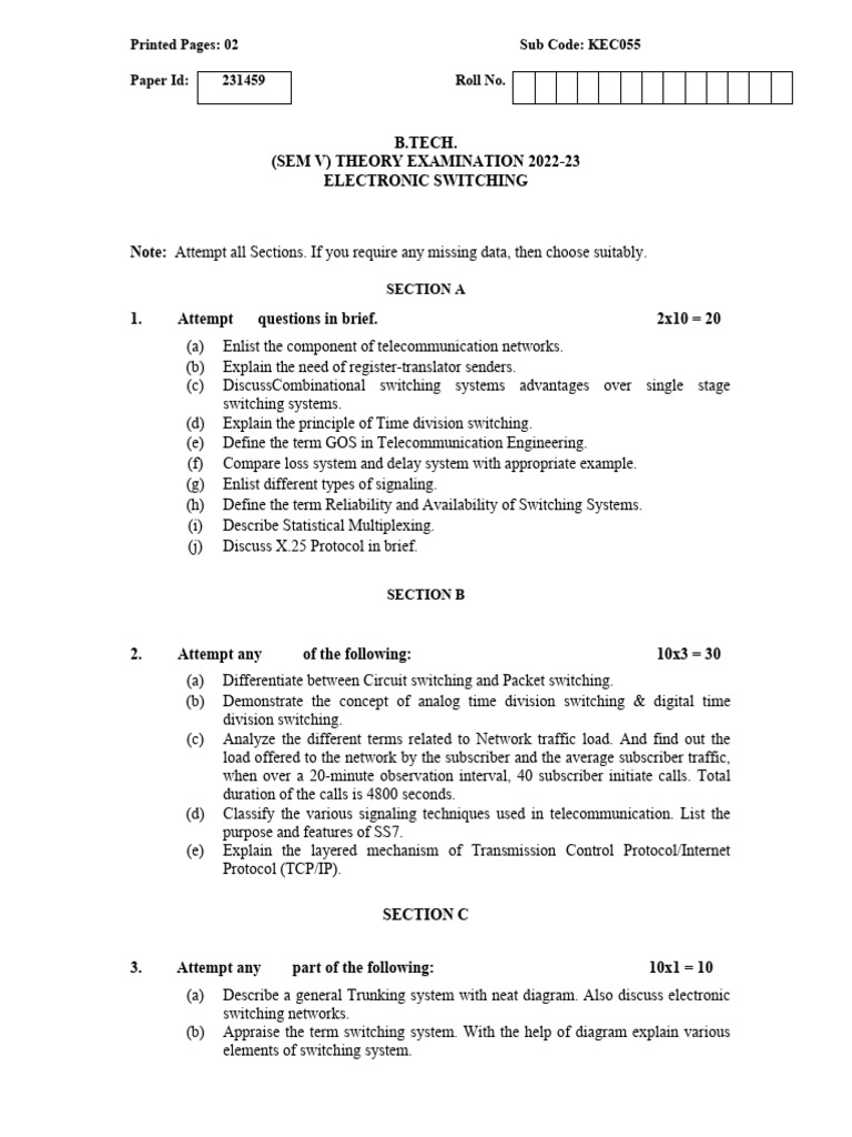 btech-ec-5-sem-electronic-switching-kec055-2023 | PDF | Telecommunications | Information And ...
