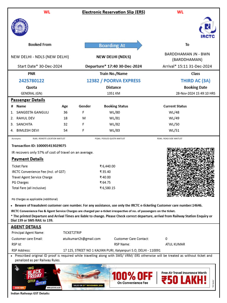 Poorva Express Third Ac (3A) : WL WL | PDF | Transport | Rail Transport